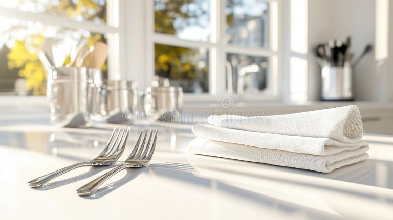 Calm Kitchen Counter with Folded Napkin and Fork Under Soft Window ...