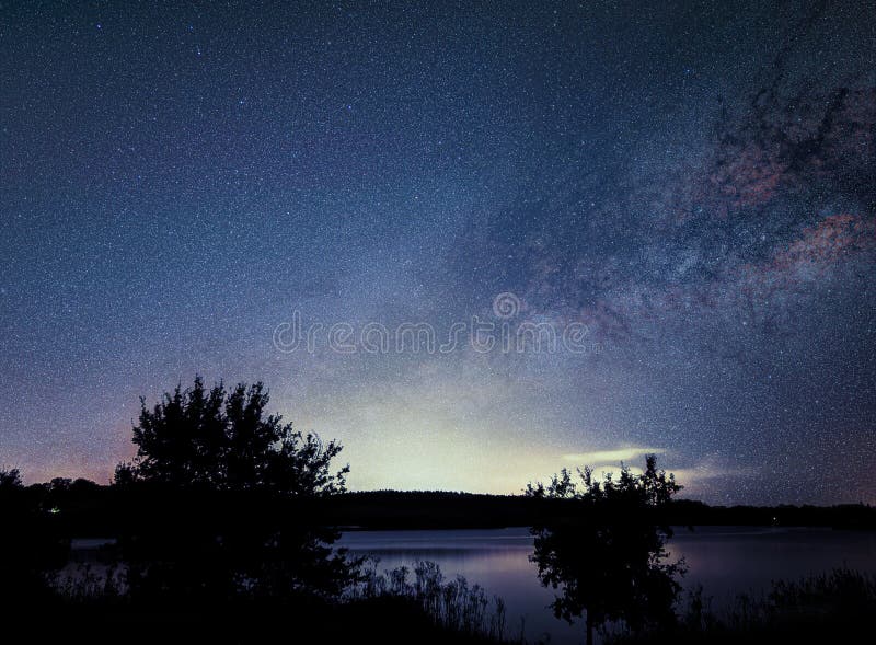 Calm Lake Against Starry Night Sky Stock Image - Image of river, view ...