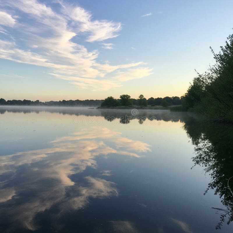Calm Lake with a Clear, Reflective Surface, Capturing the Sky and Wispy ...
