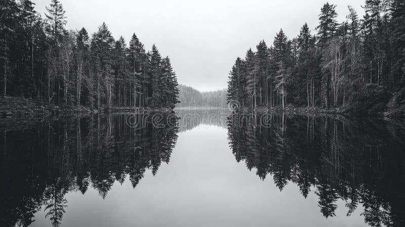 A Calm Lake in a Deep Forest, Reflecting the Surrounding Trees and Sky ...