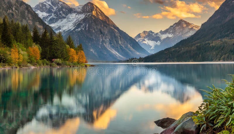 Calm Lake in Mountains Valley with Reflection Stock Illustration ...