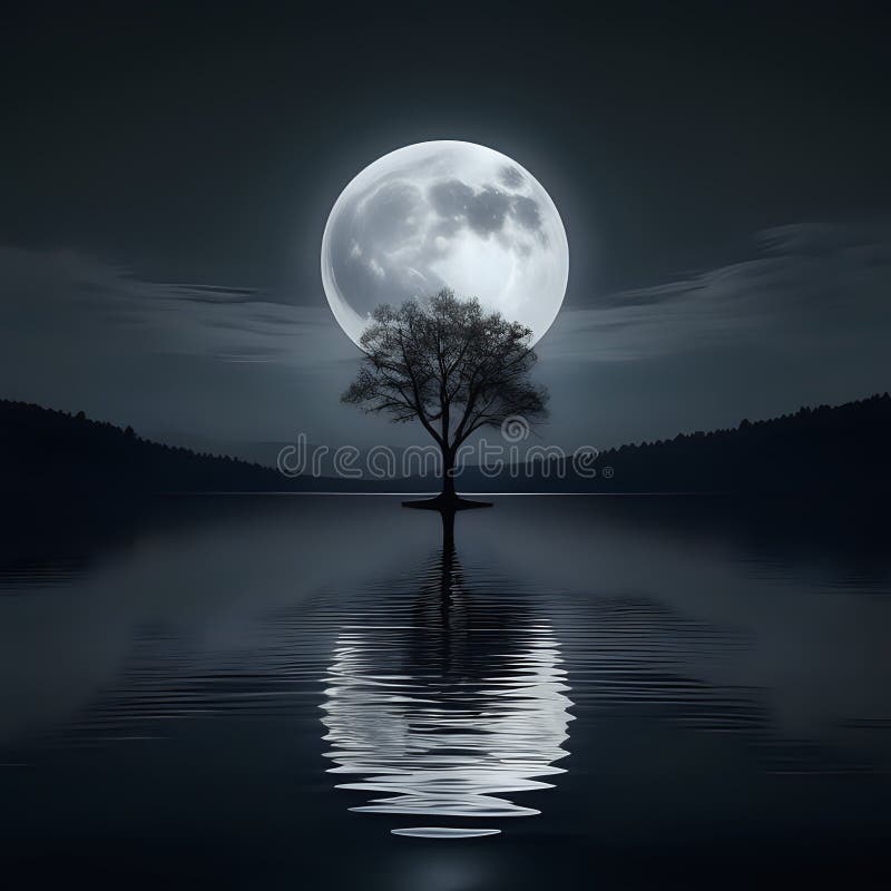 A Calm Lake at Night, Silver Moonlight, a Silhouette of a Lonely Tree ...