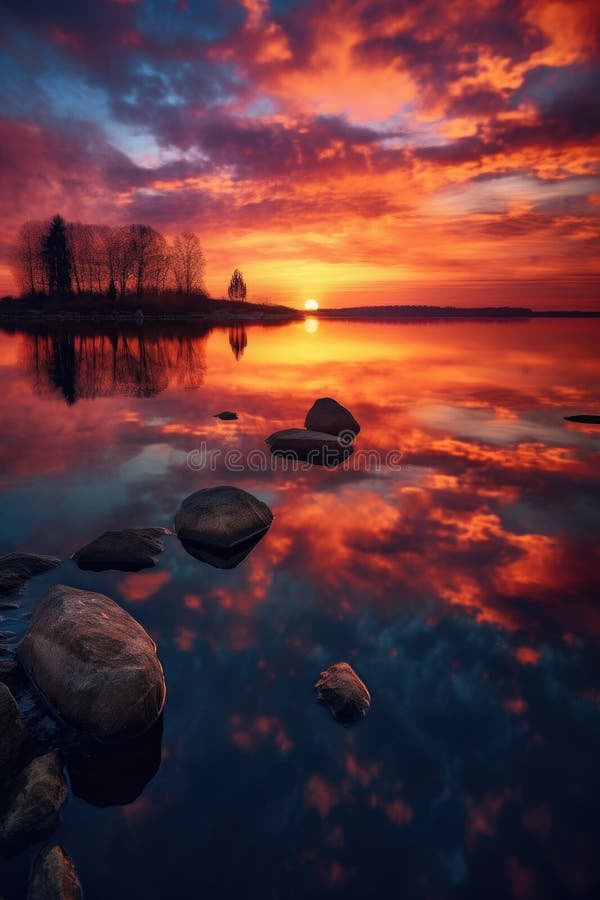Calm Lake Reflecting a Serene Sunset, Symbolizing Peace of Mind Stock ...
