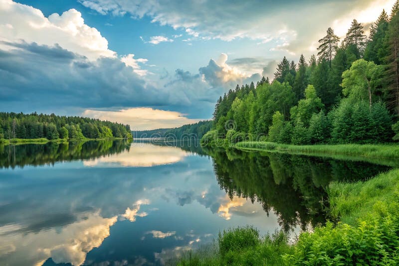 Calm Lake Reflecting Sky and Lush Forest Stock Illustration ...