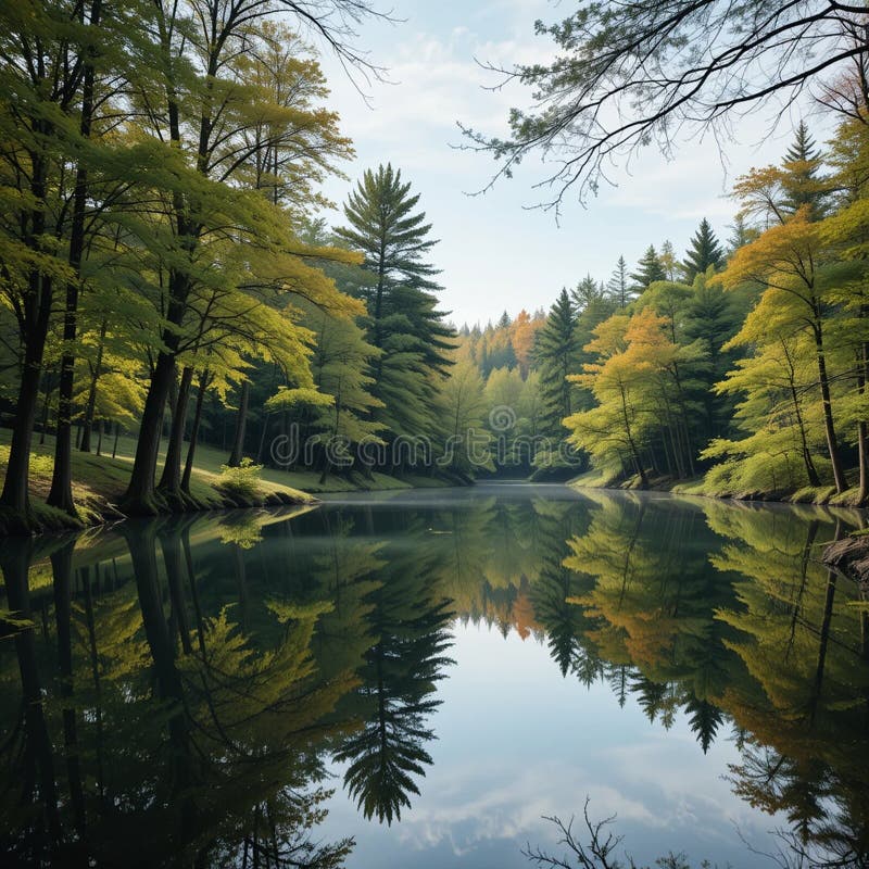 Calm Lake Reflecting the Trees in a Still Forest Stock Illustration ...