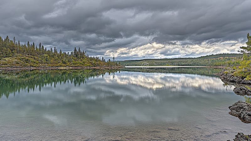 Calm Lake Reflects Stormy Sky, Forest Backdrop Stock Image - Image of ...