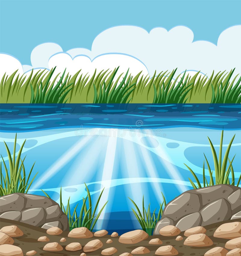 A Calm Lake with Rocks and Grass Stock Vector - Illustration of ...