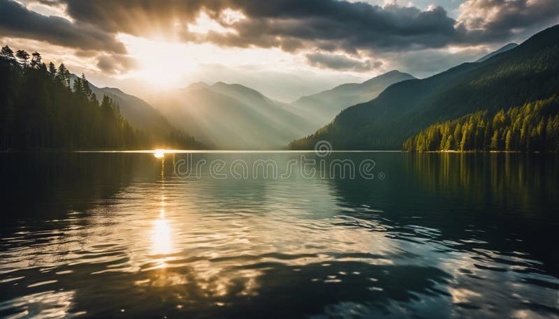 Calm Lake with Sun Reflection Surrounded by Mountains and Forests Under ...