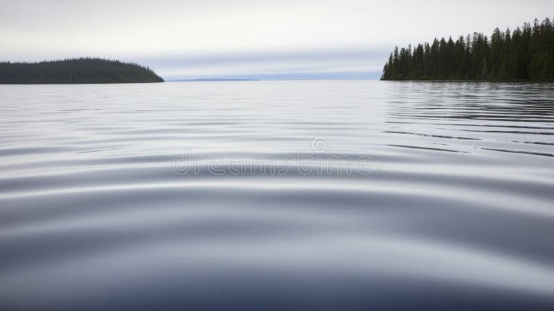 Calm Lake Surface with Forested Shorelines Under Overcast Sky Stock ...