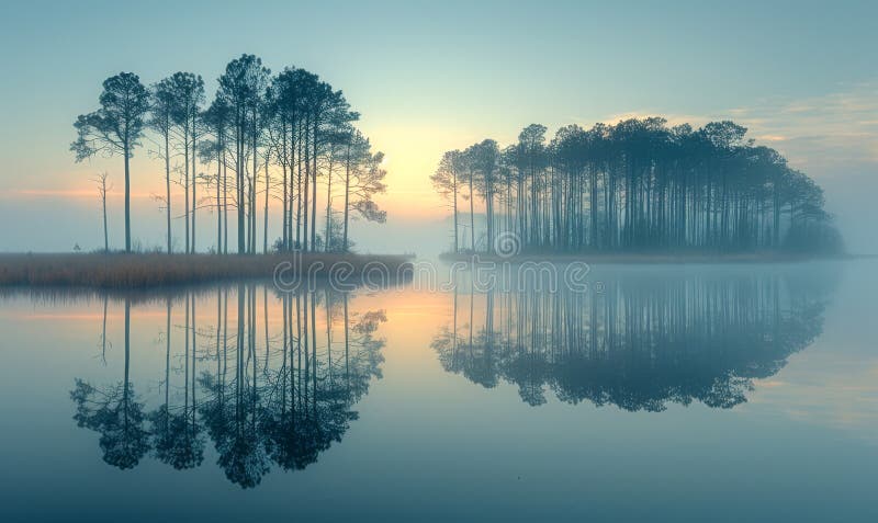 A Calm Lake with Trees Reflecting in the Water. the Trees are Tall and ...