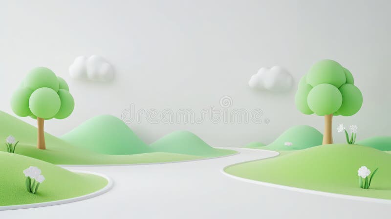 Serene Landscape Winding Path Green Hills Trees Natural Elements Stock ...