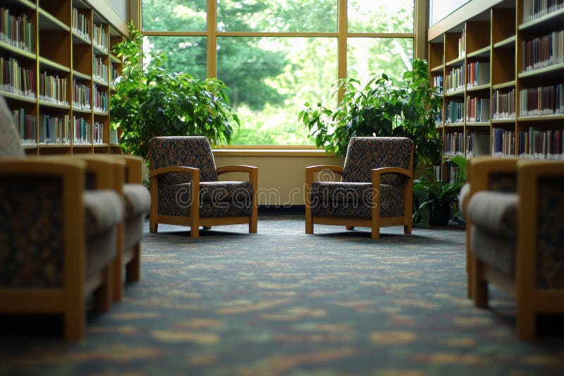 A Calm Library with Bookcases, Chairs, and Plants Stock Photo - Image ...