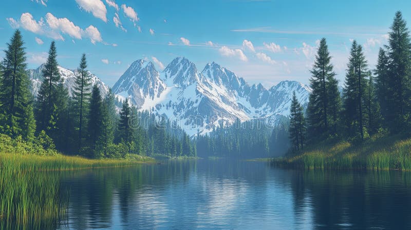Calm Mountain Lake Surrounded by Pine Forests and Snow-capped Peaks ...