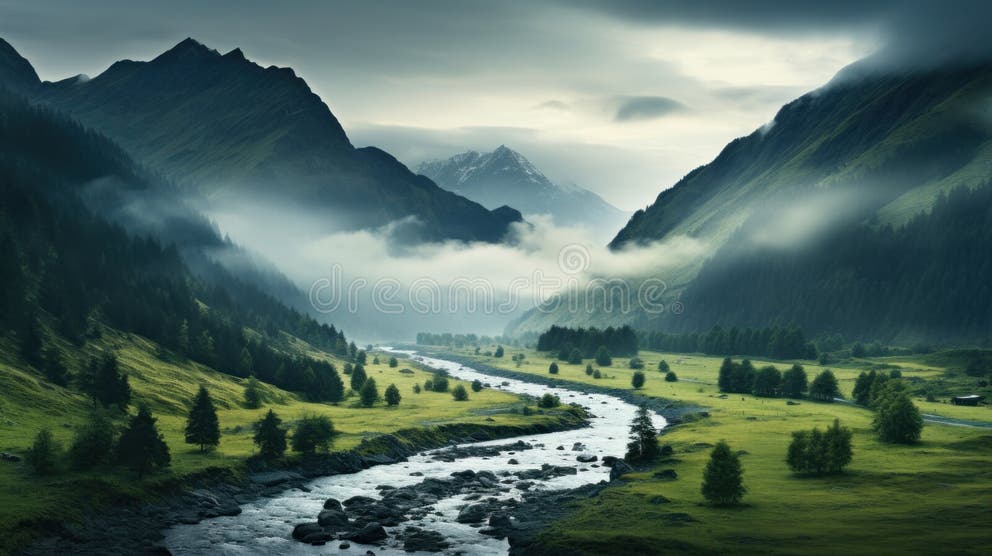 Calm Mountain Pass Misty Morning - AI Generated Stock Illustration ...
