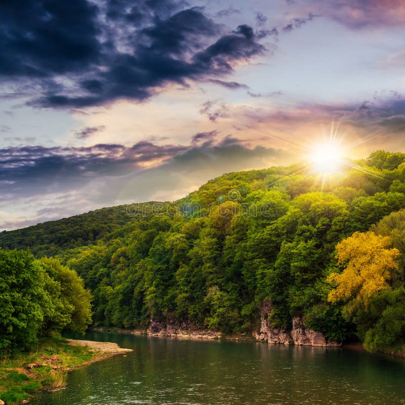 Calm Mountain River on a Dark Summer Night Stock Photo - Image of ...