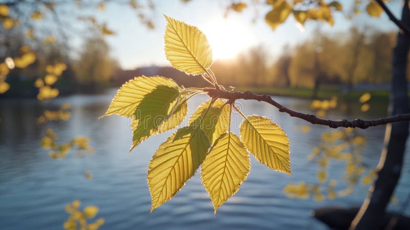 A Calm Nature View with Fresh Green Leaves and a Sparkling Water ...