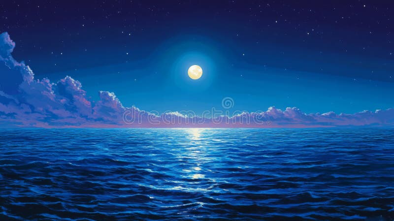 A Calm Ocean Beneath a Full Moon and Starry Night Sky Stock ...