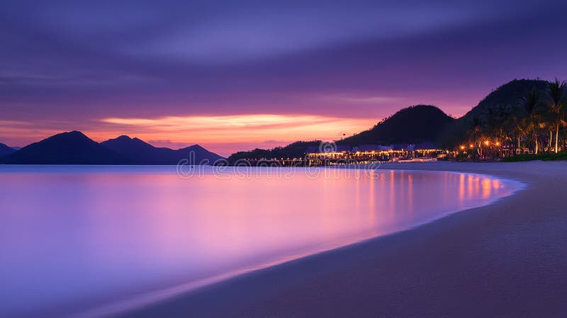 Calm Ocean Scene with a Tropical Beach Sunset Silhouette Stock Image ...