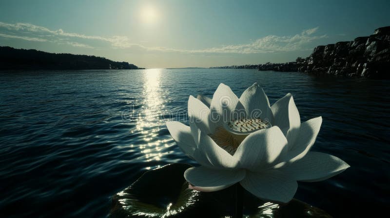 On the Calm Ocean, a Serene White Lotus is Floating at Sunrise ...