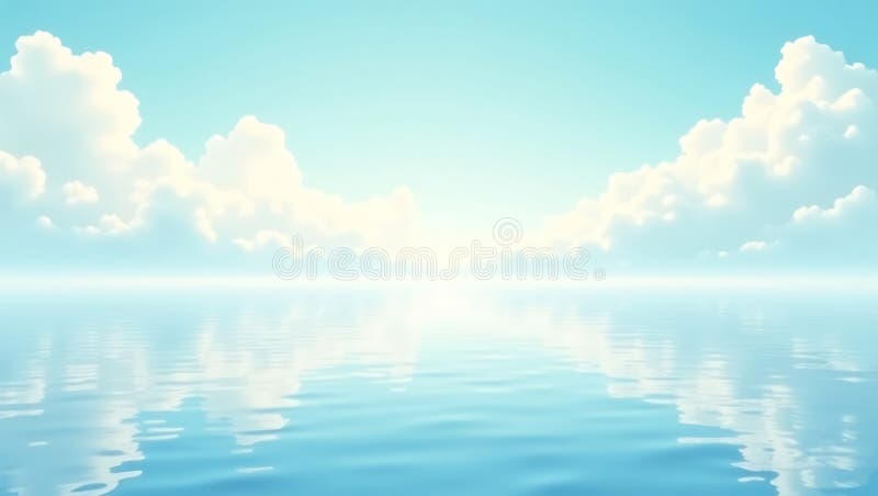 Calm Ocean Water Reflecting Fluffy Clouds Under a Bright Blue Sky Stock ...