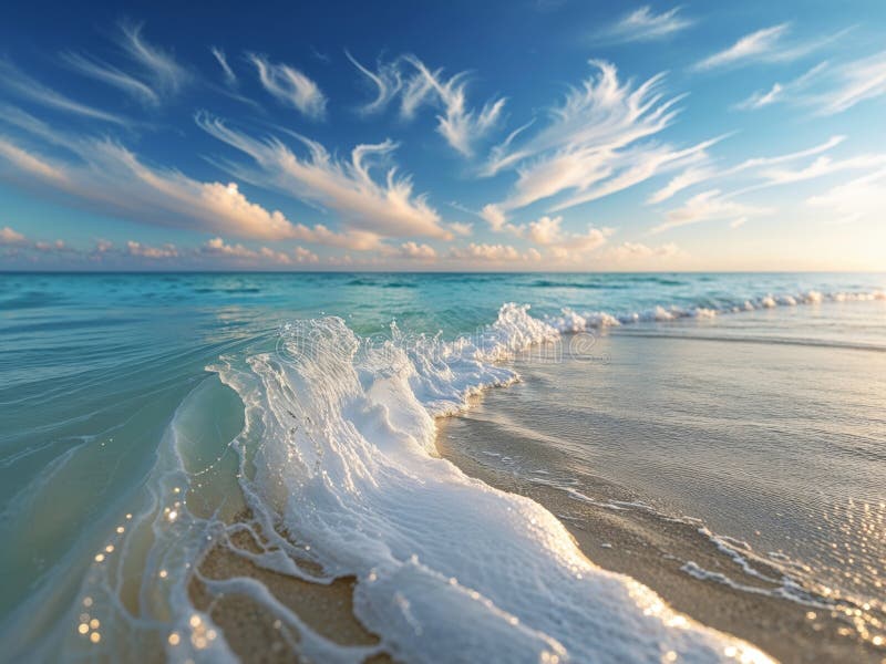 Calm Ocean Wave Under Clear Blue Sky and Gentle Clouds on the Horizon ...