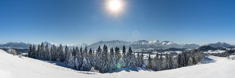 Calm Panoramic Winter Landscape with Snow and Mountain Stock Photo ...