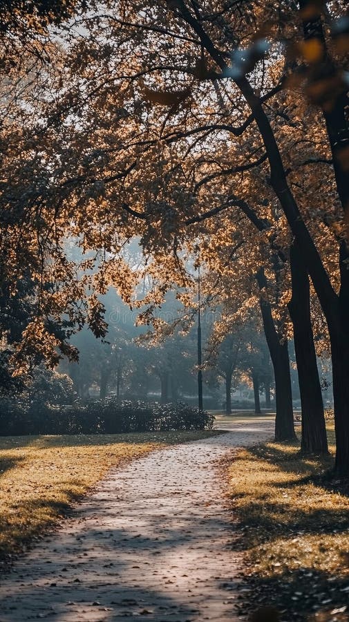 A Calm and Peaceful Park with a Walking Path, Tall Trees, and Soft ...