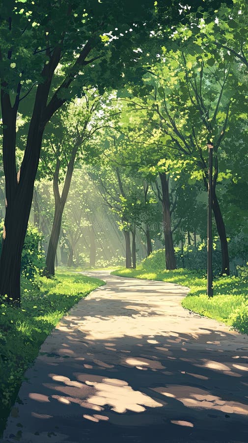 A Calm and Peaceful Park with a Walking Path, Tall Trees, and Soft ...
