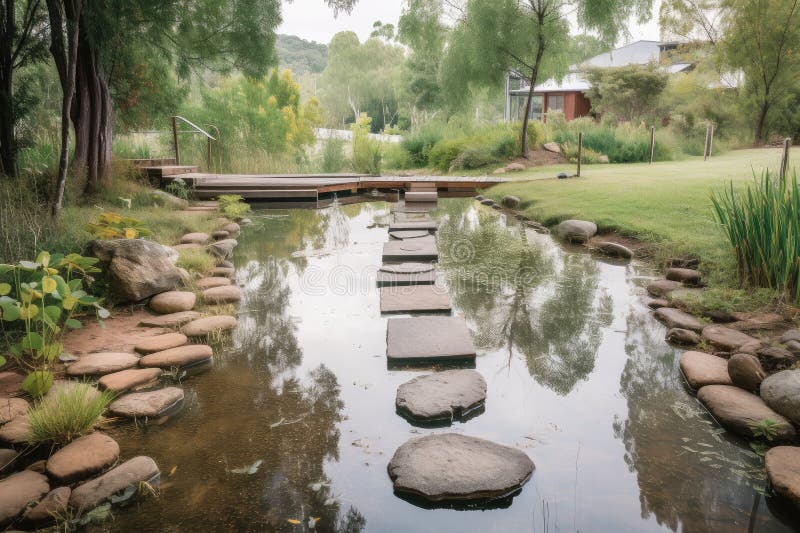 Calm Pond with Pathways and Stepping Stones Leading To the Water Stock ...