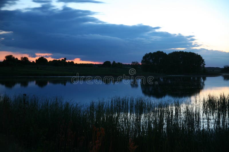 Calm Pond Surface with Wood in Nice Sunrise with Dawn and Fog. Stock ...