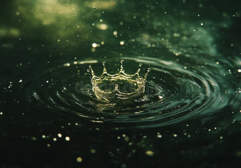 Calm Pond Water Forms a Crown with Ripples after a Drop Impact Stock ...