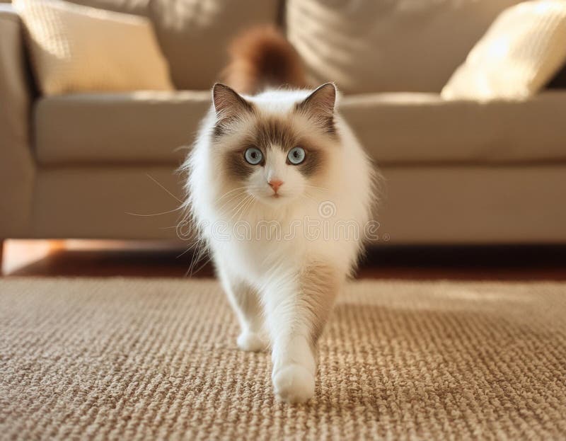 Calm Ragdoll Cat Walking Towards Camera Indoors Stock Photo - Image of ...