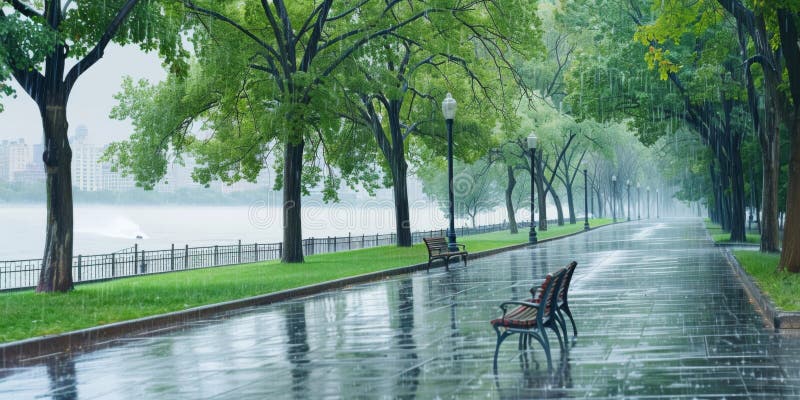 Calm Rainy Day Along Serene Waterfront Path Featuring Lush Green Trees ...