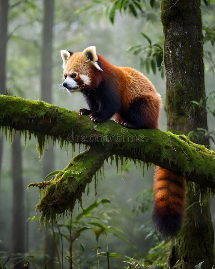 Calm Red Panda in a Foggy Forest Stock Illustration - Illustration of ...