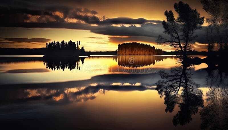 Calm Reflective Serene Peaceful Lake Stock Illustration - Illustration ...