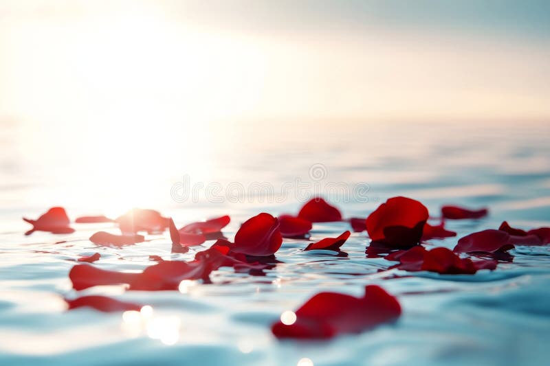 On a Calm and Reflective Water Surface, Vibrant Red Rose Petals Gently ...