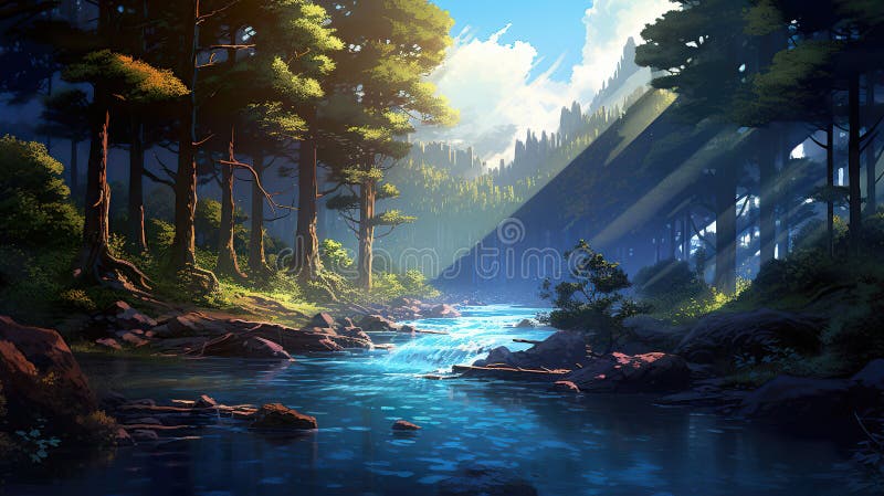 A Calm Relax Place in a Forest, Flowing Water Manga Artwork Stock ...