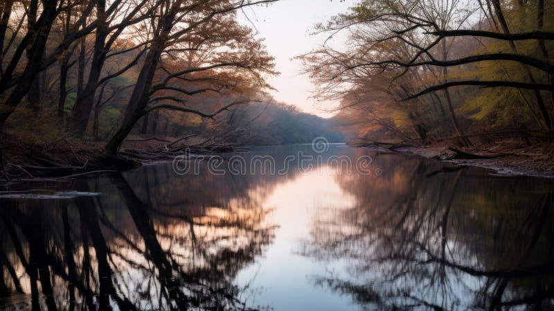 A Calm River with Clear Reflections of the Sky and Trees Stock ...