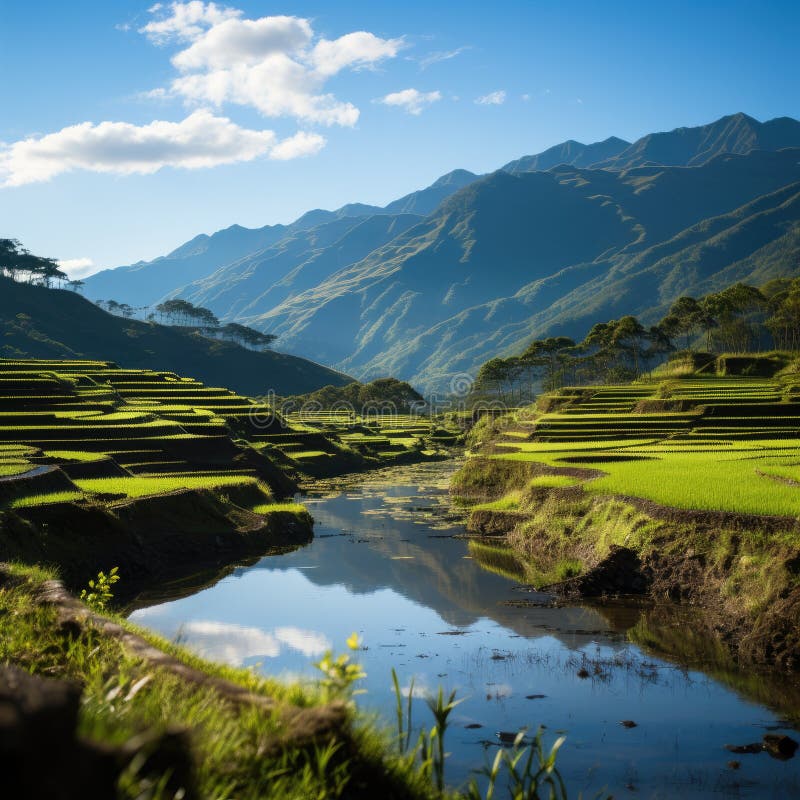 A Calm River Flows Gently beside the Terraced Paddies, Reflecting the ...