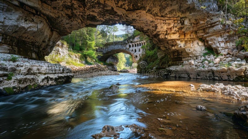 A Calm River Flows Under a Rocky Bridge that Was Naturally Formed by ...