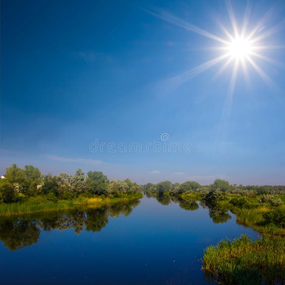 Calm River with Forest on Coast Under a Sparkle Sun Stock Image - Image ...