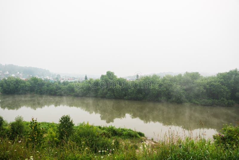Calm River with Forest in Morning Stock Image - Image of dawn ...