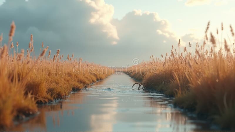 Calm River through Grassy Fields Stock Illustration - Illustration of ...