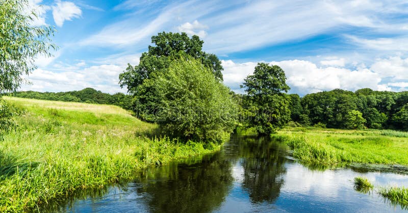 Calm River with Meadows and Forest Around - Landscape Stock Image ...
