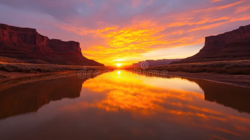 Calm River Reflecting Fiery Sunset Colors in Canyon Stock Illustration ...