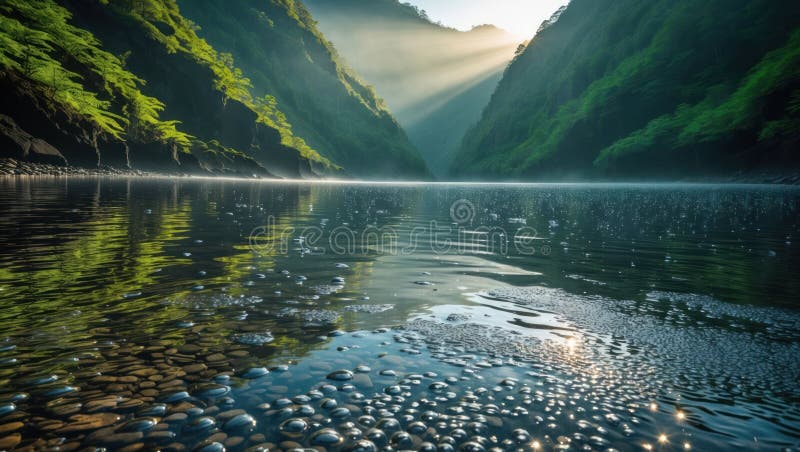 Serene Sunrise Over a Tranquil River Gorge with Smooth Pebbles Stock ...