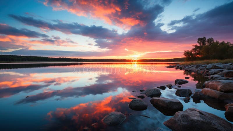 Calm River at Sunset Reflecting Sky - AI Generated Stock Illustration ...