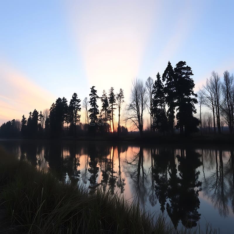Calm River with Tall Tree Reflections at Dawn Stock Photo - Image of ...