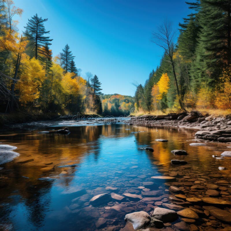 A Calm River Winding through a Forest with Vibrant Fall Foliage and a ...