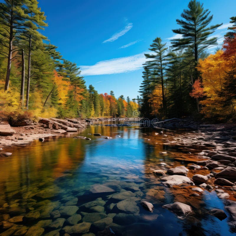 A Calm River Winding through a Forest with Vibrant Fall Foliage and a ...